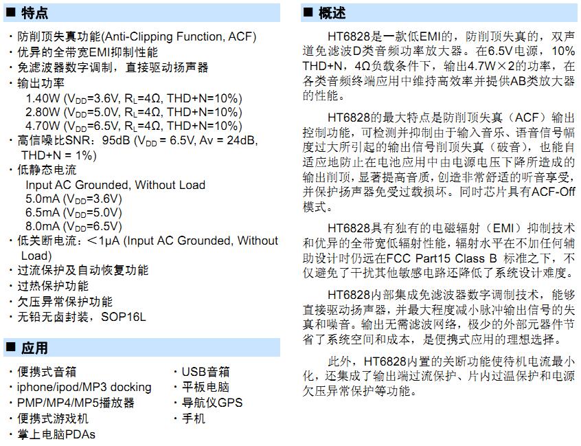 HT6828中文资料_最新报价_数据手册下载_嘉兴禾润-音频功率放大器-立创商城
